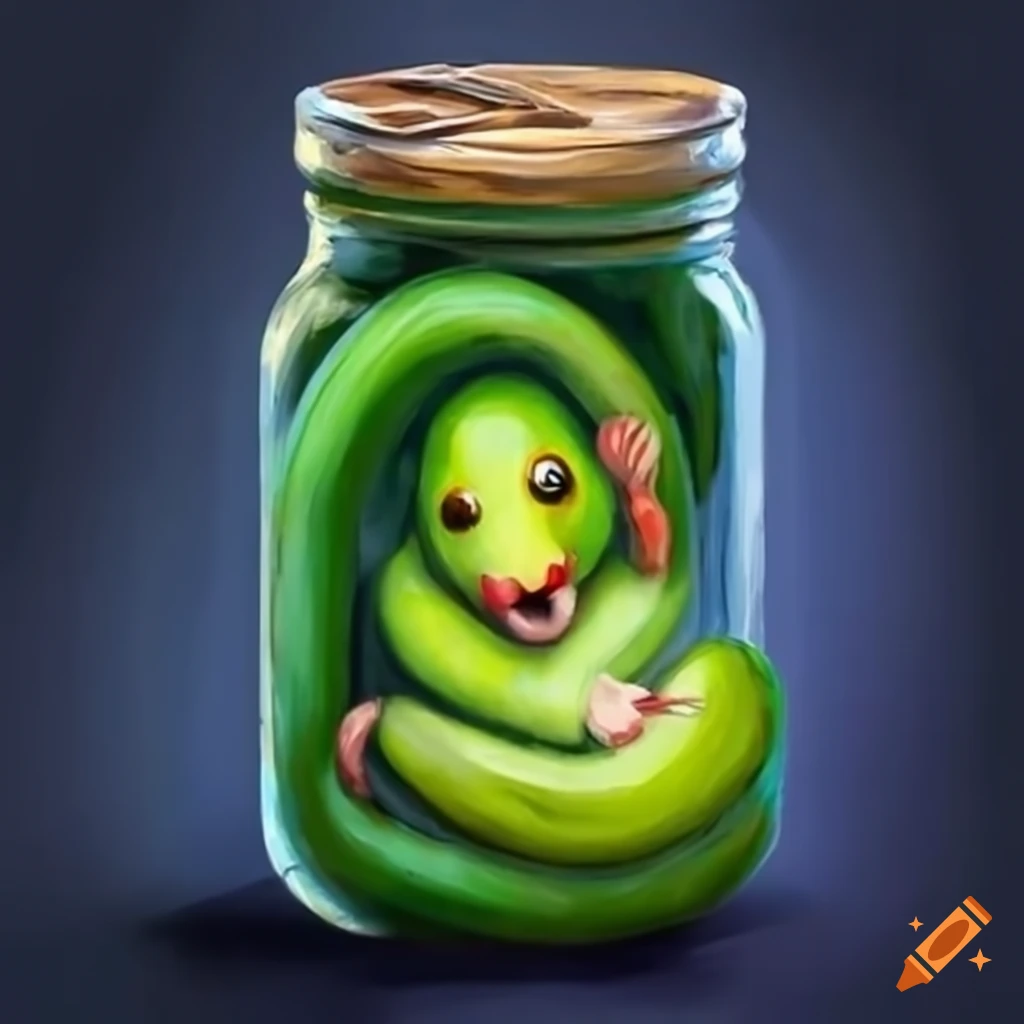 Cute scared green mouse made of pickles trapped in a pickle jar on Craiyon