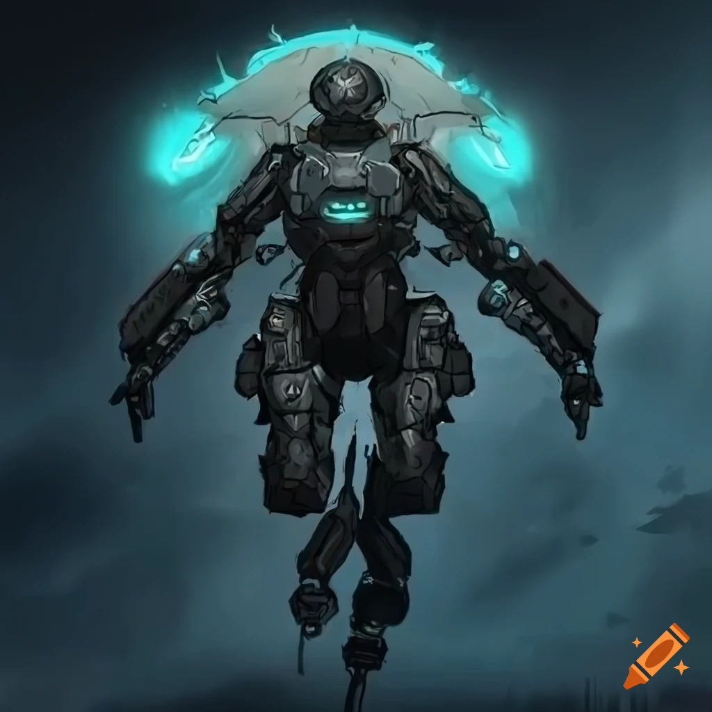 Flying cyberpunk mech suit in a fantasy art style on Craiyon
