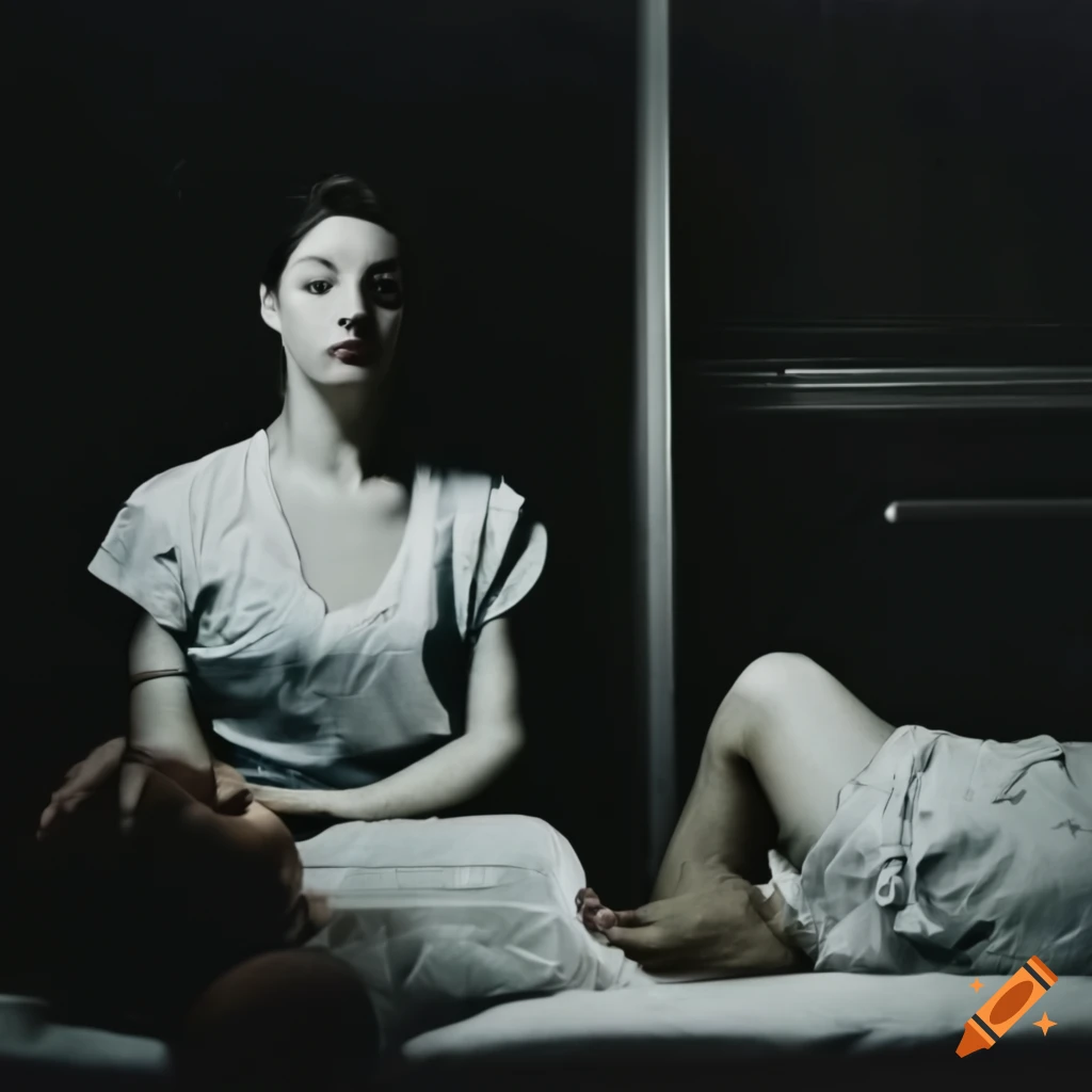 Man showing concern beside a wounded woman in a hospital on Craiyon