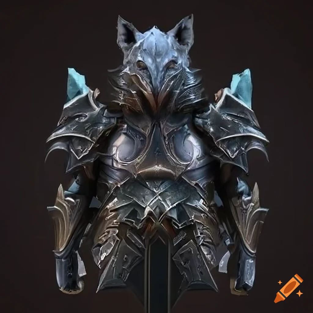 Front view of a magical wolf in armor on Craiyon