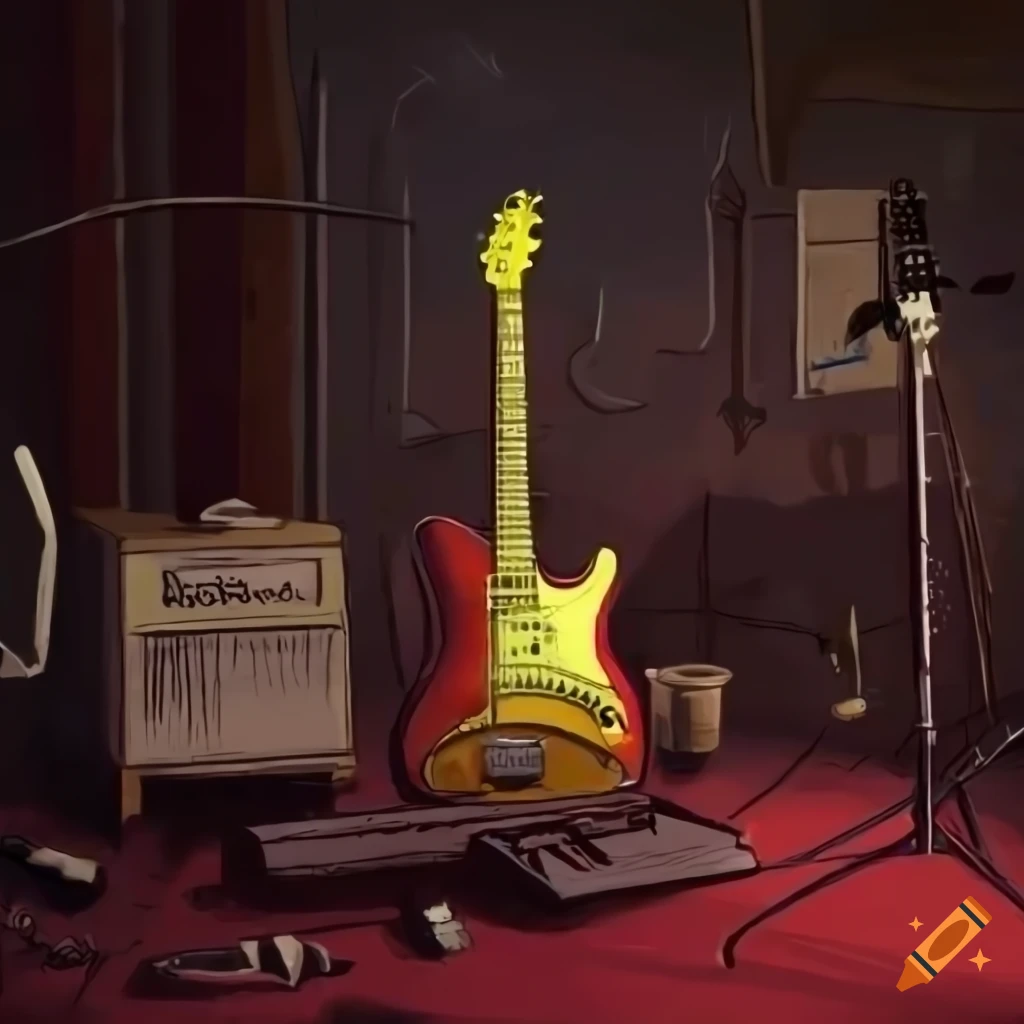 Abandoned practice room with musical instruments in comic art style on ...