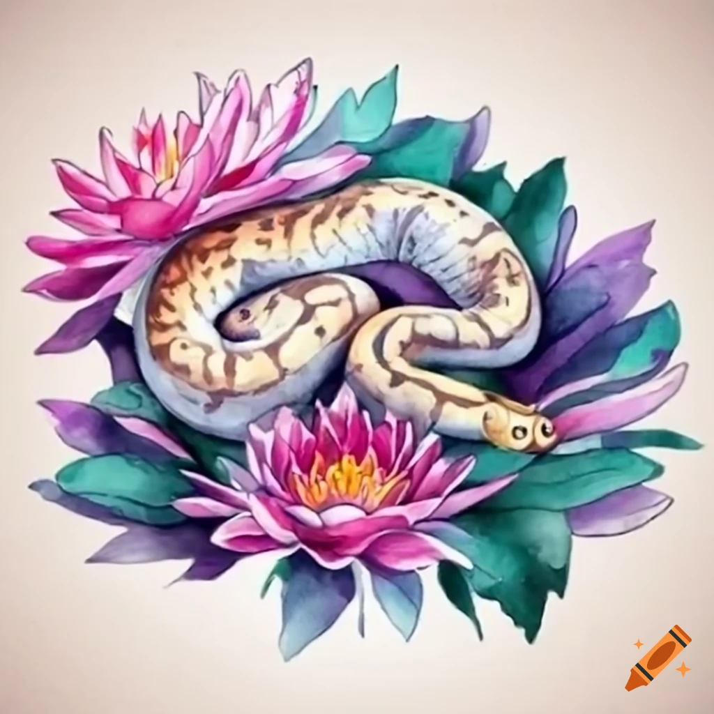 Ball python among water lilies in watercolor style on Craiyon