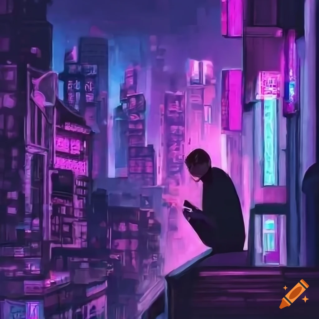Cyberpunk cityscape with purple-neon lighting and a man smoking on a ...