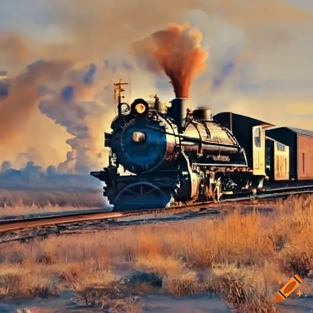 1800s-era steam railroad crossing arid plains on Craiyon