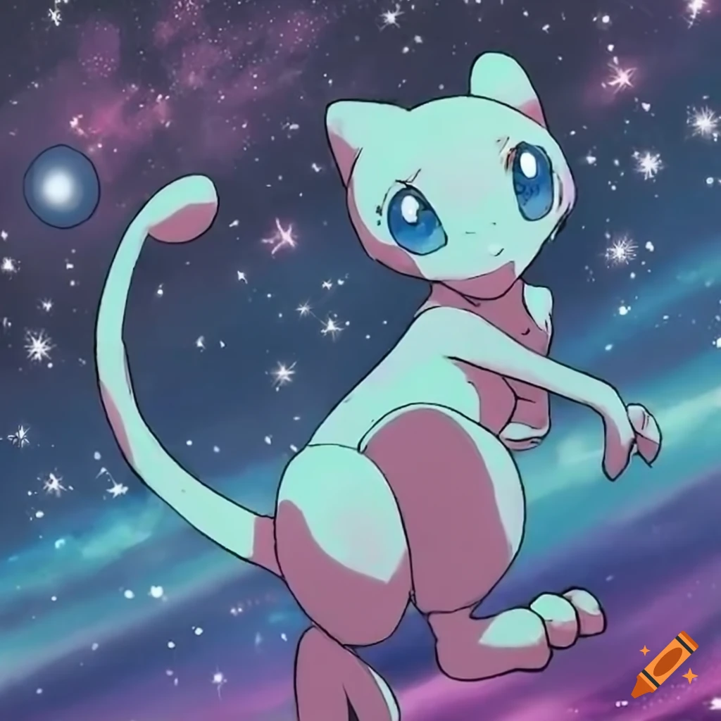 Mew (pokémon) under starry sky in a beautiful manga art style on Craiyon