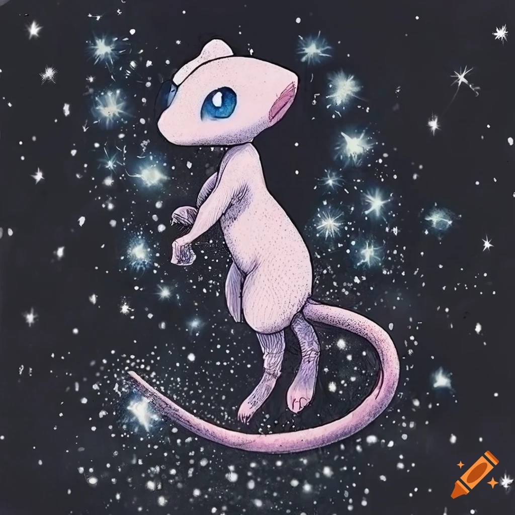 Mew (Pokémon) under starry sky by Junji Ito, ink drawing on Craiyon
