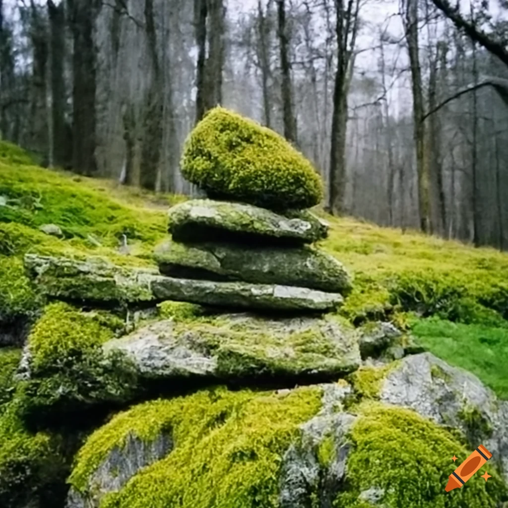Mossy rocks stacked in a natural arrangement on Craiyon