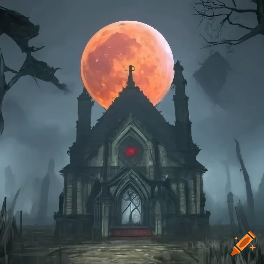 Gothic horror landscape with a tall chapel under the blood moon in a ...