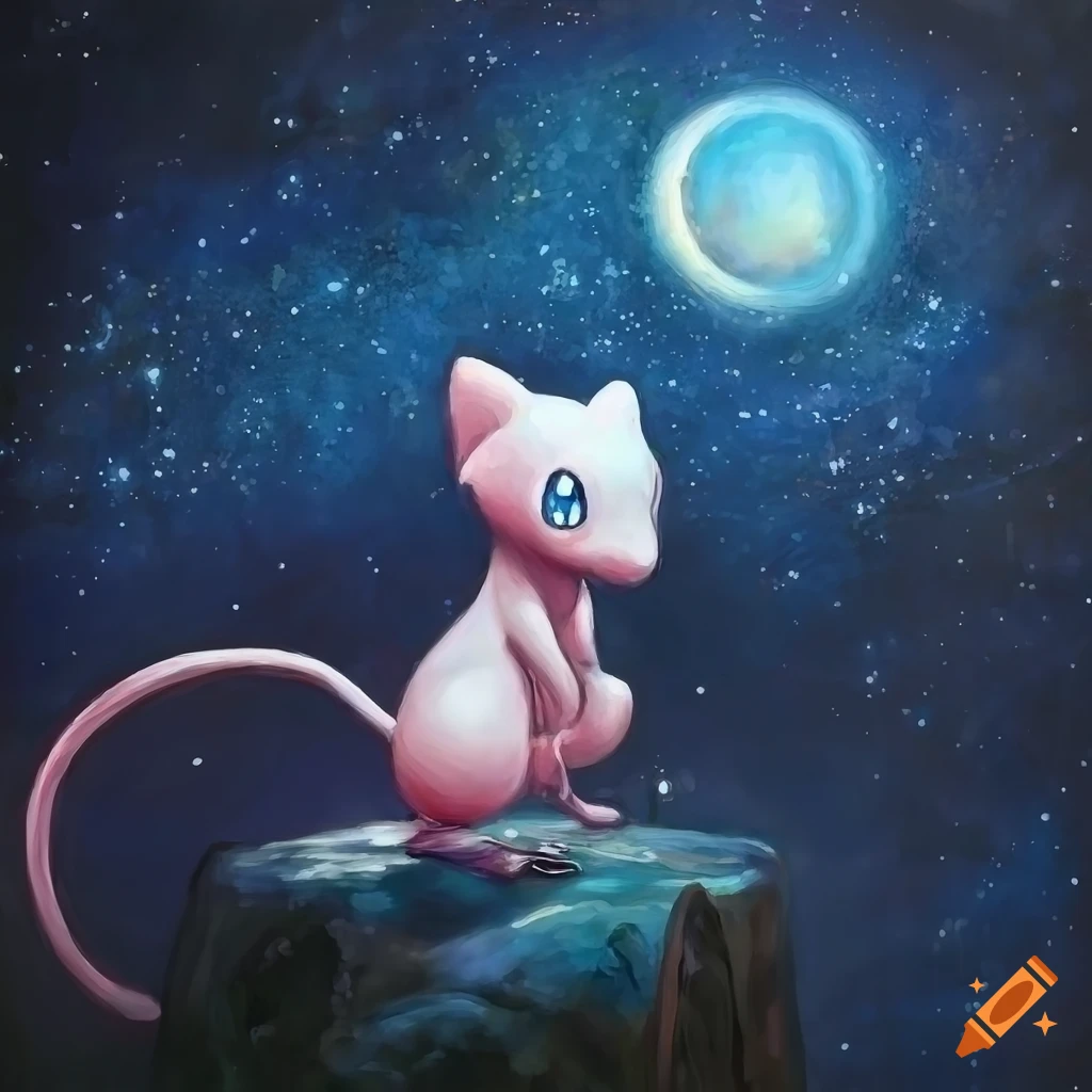 Mew (pokémon) under starry sky in a detailed surreal oil painting by ...