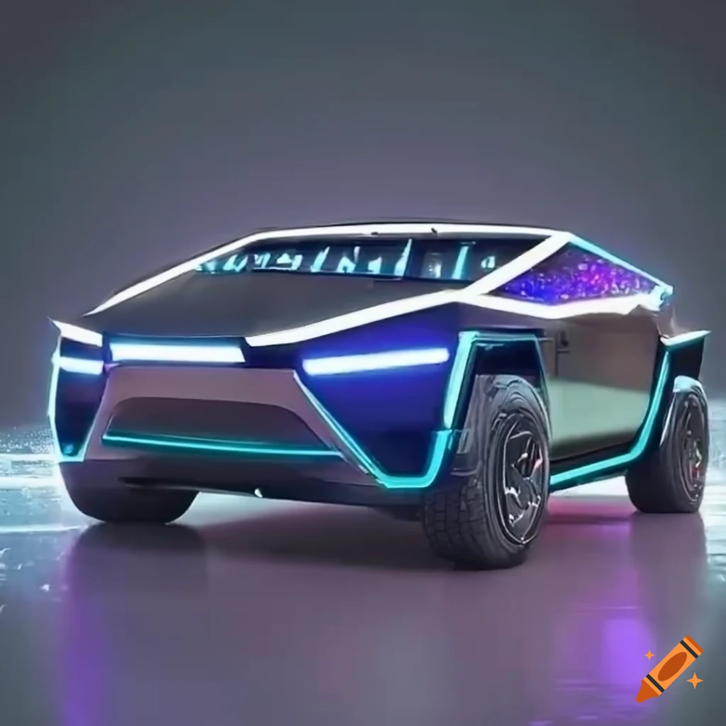 Tesla cybercar with neon effects and lightning in a futuristic style on ...