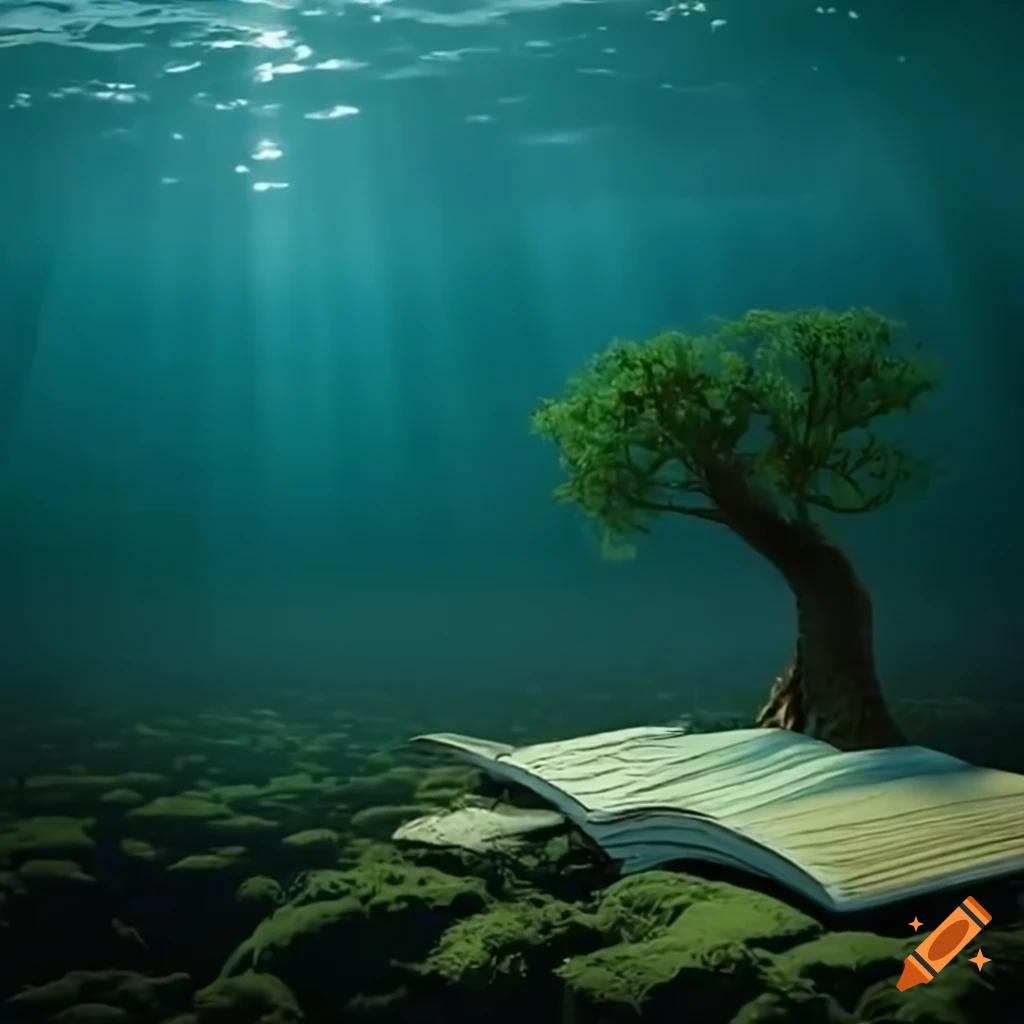 Open books tree near water in a natural setting on Craiyon