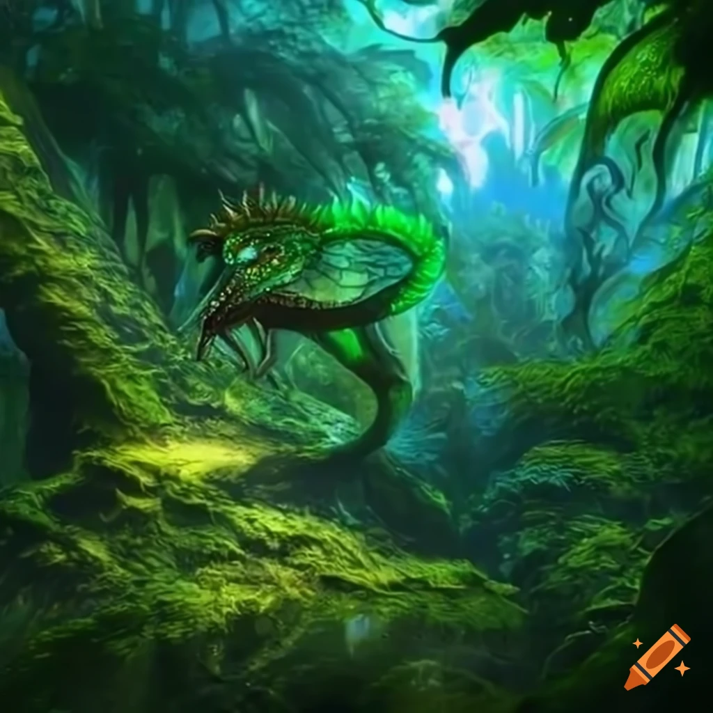Serpent-like creature in a mystical and vibrant jungle setting on Craiyon