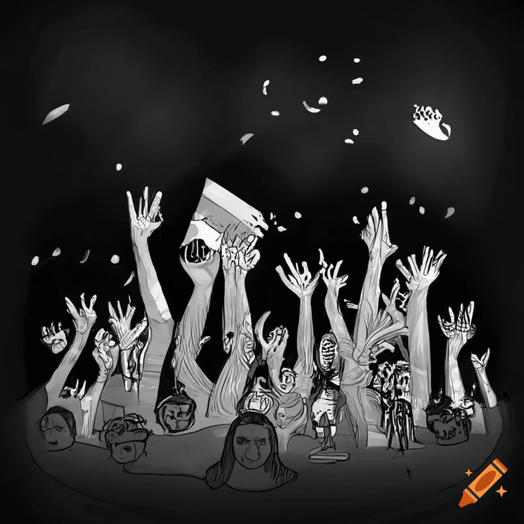 Animated joyful music festival crowd filled with energy and color on Craiyon