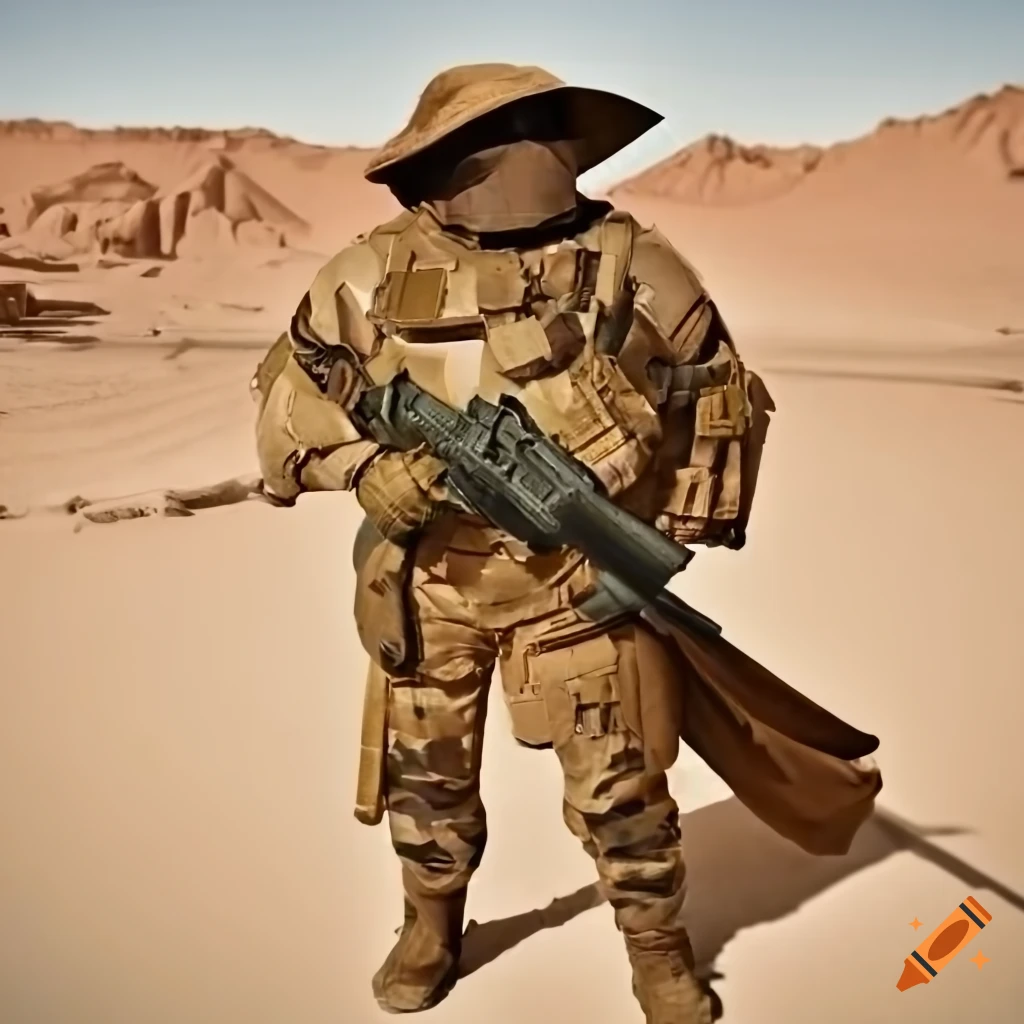 Soldiers in desert camo armor standing in wasteland desert on Craiyon