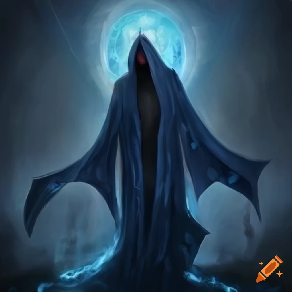 Emissary of a dark god in flowing robes surrounded by magic stones in a ...