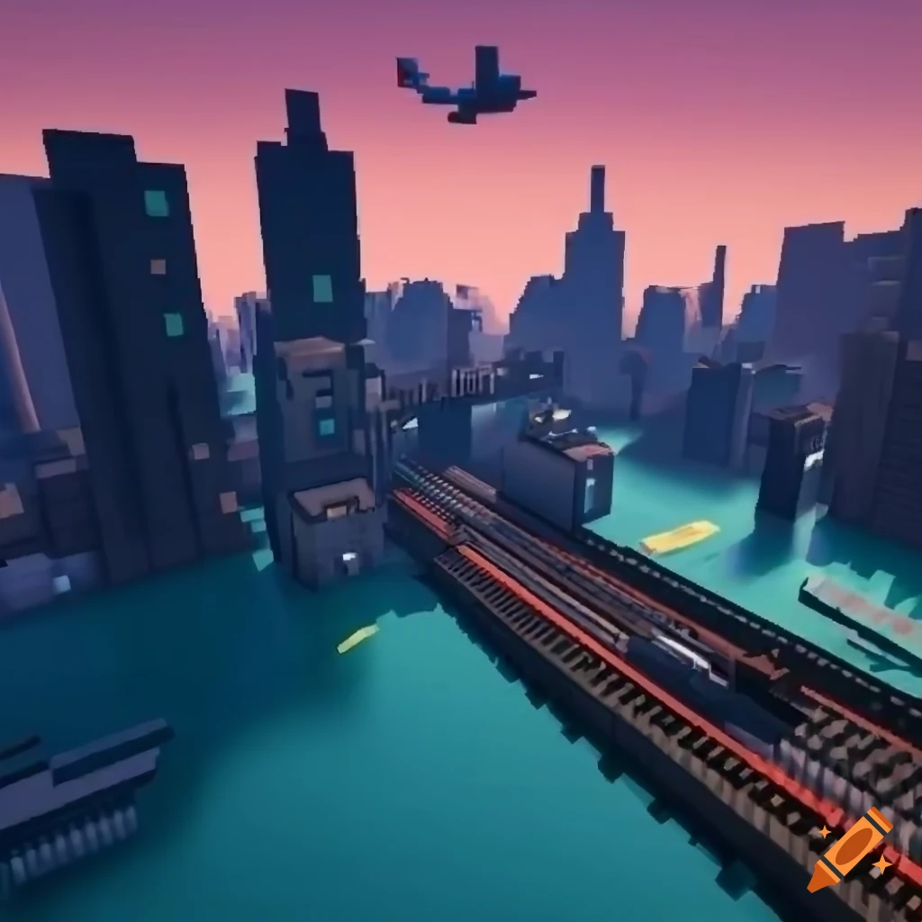 Detailed minecraft cityscape with cars, trains, and planes on Craiyon