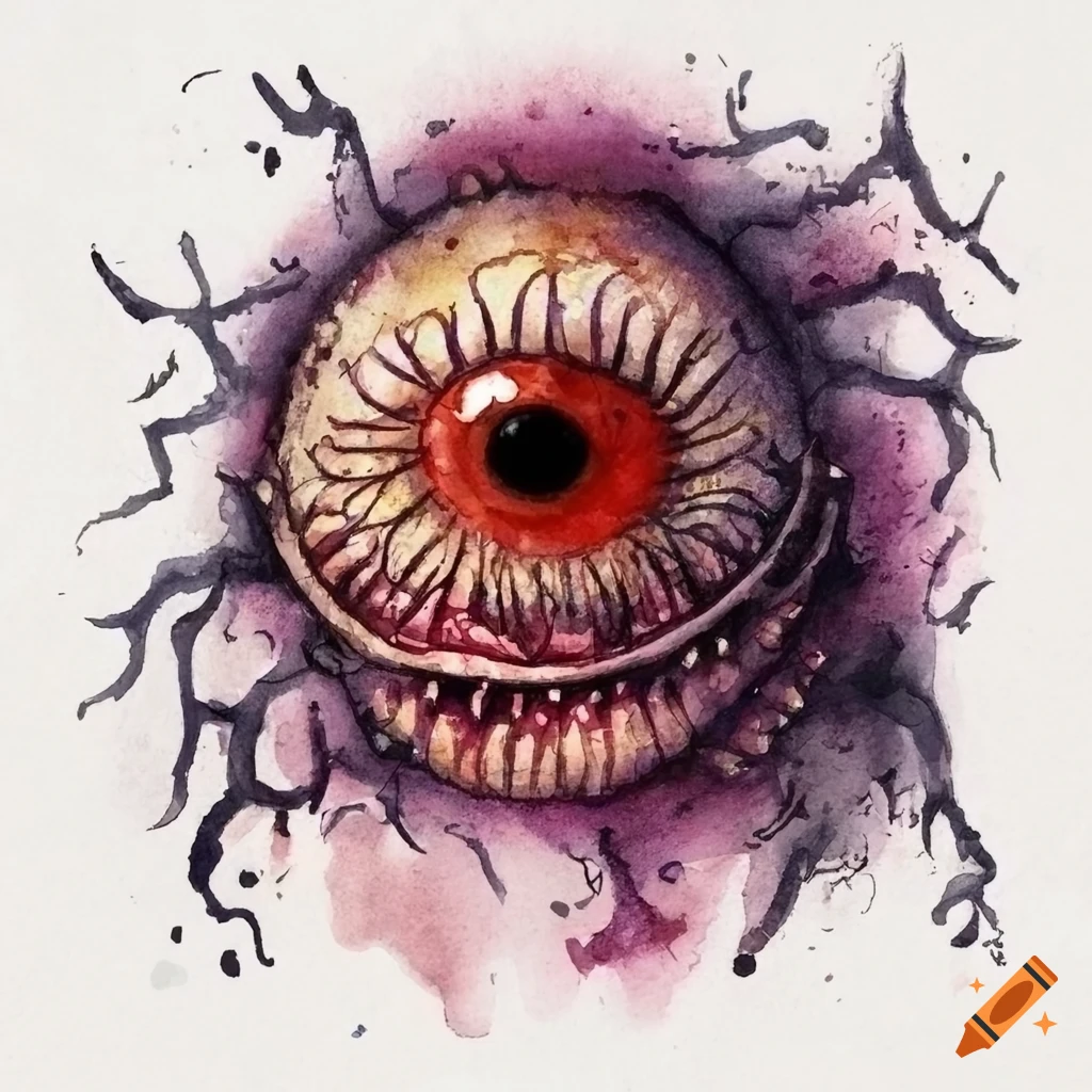 Horror eyeball cacodemon in a watercolor and ink illustration on Craiyon