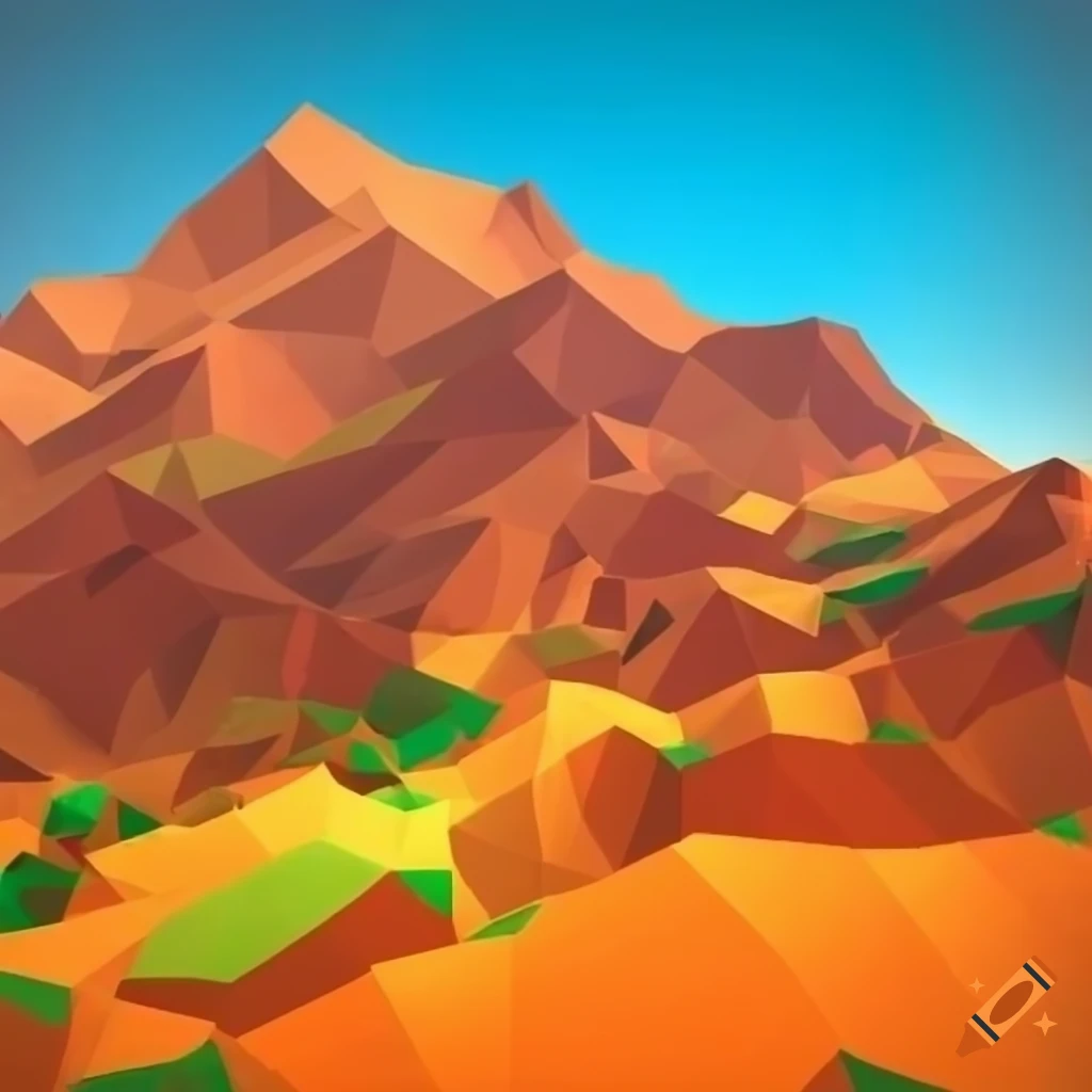 Low poly valley with arid mountains from high perspective on Craiyon