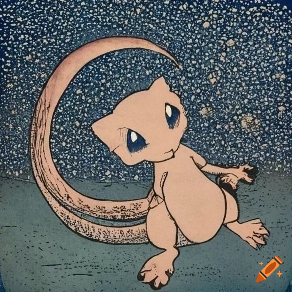 Mew (Pokémon) under starry sky in a traditional Japanese ukiyo-e ...