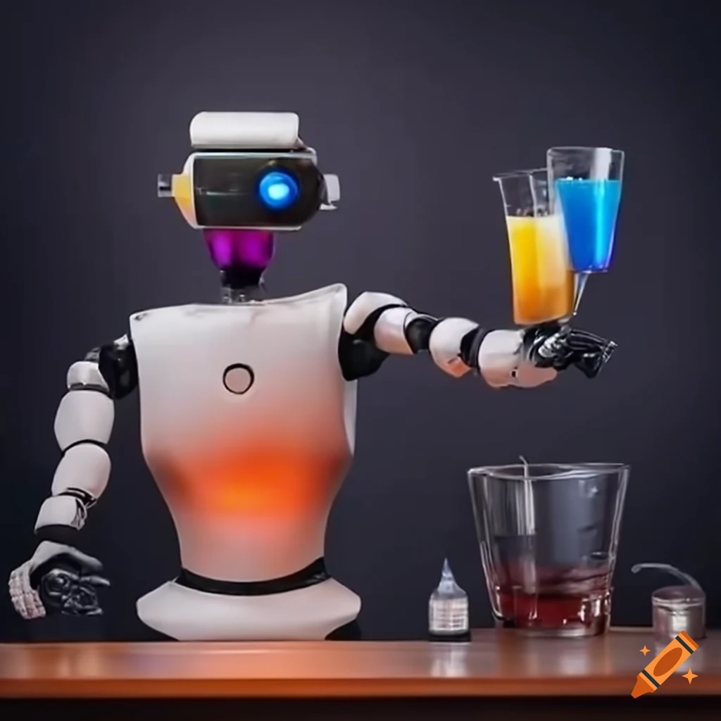 High-tech mixologist robot serving a colorful drink at the bar on Craiyon