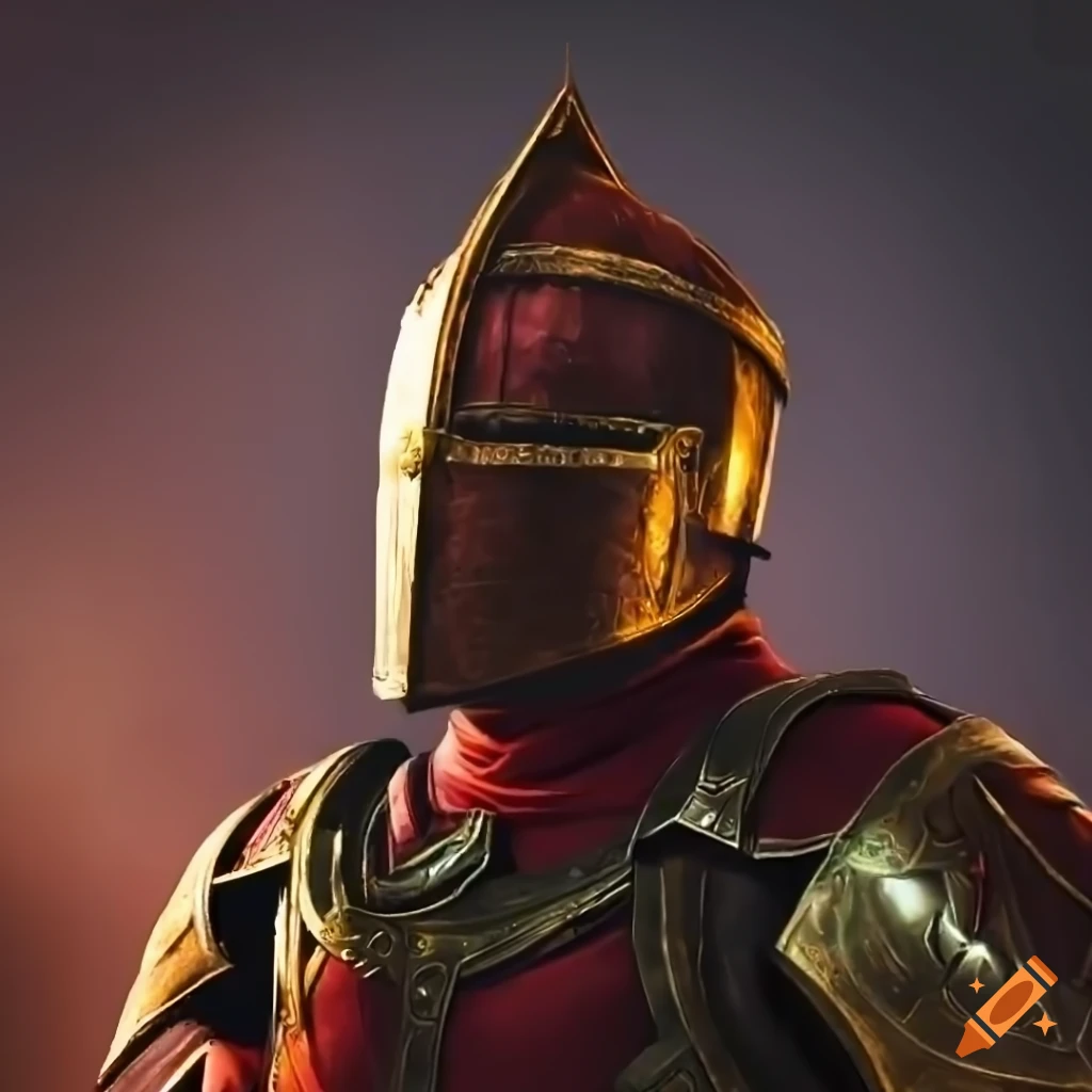 Photorealistic knight in red and golden armor inspired by kingdoms of amalur: reckoning on Craiyon