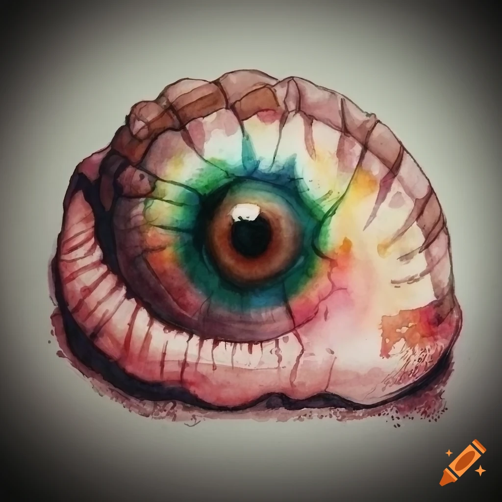 Horror eyeball in a seashell with watercolor and india inks on Craiyon