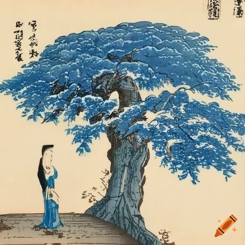 Japanese tree with blue leaves and white trunk in ukiyo-e style on Craiyon