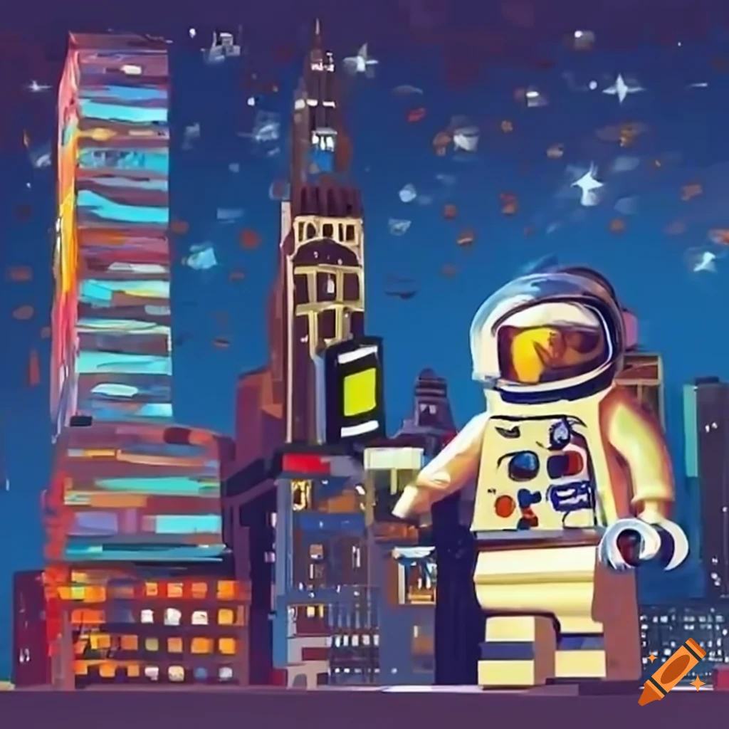 Lego astronaut gazing at the night sky surrounded by times square ...