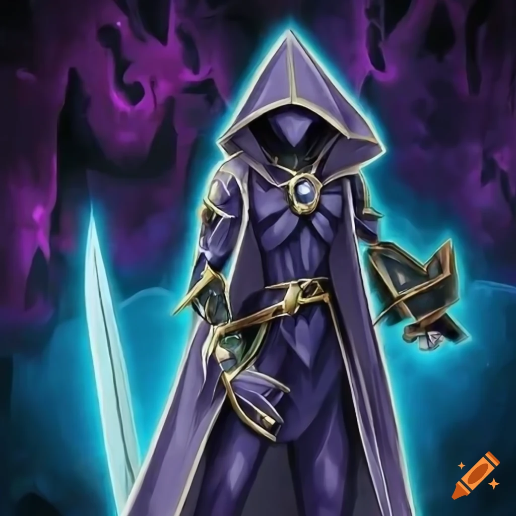 Yugioh card illustration of The Phantom Knight in a hooded tunic on Craiyon