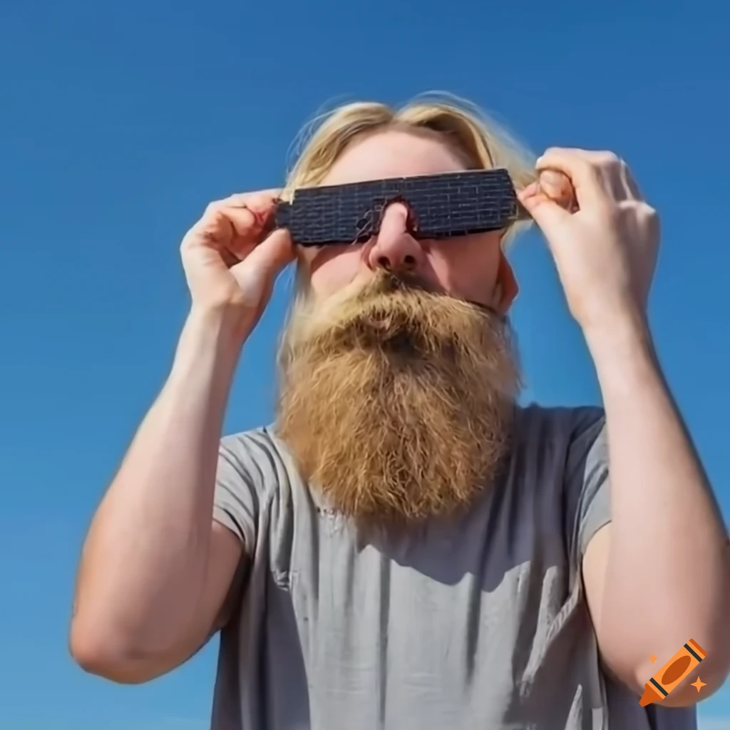 Curious man with blonde hair and beard observing a solar eclipse ...