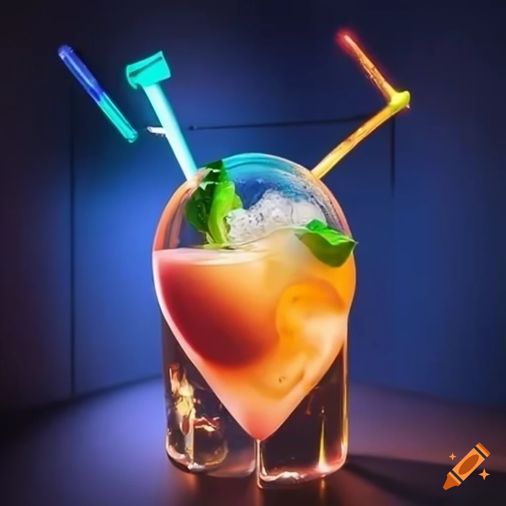 Artistic cocktail with futuristic garnishes and glowing ice cubes on ...