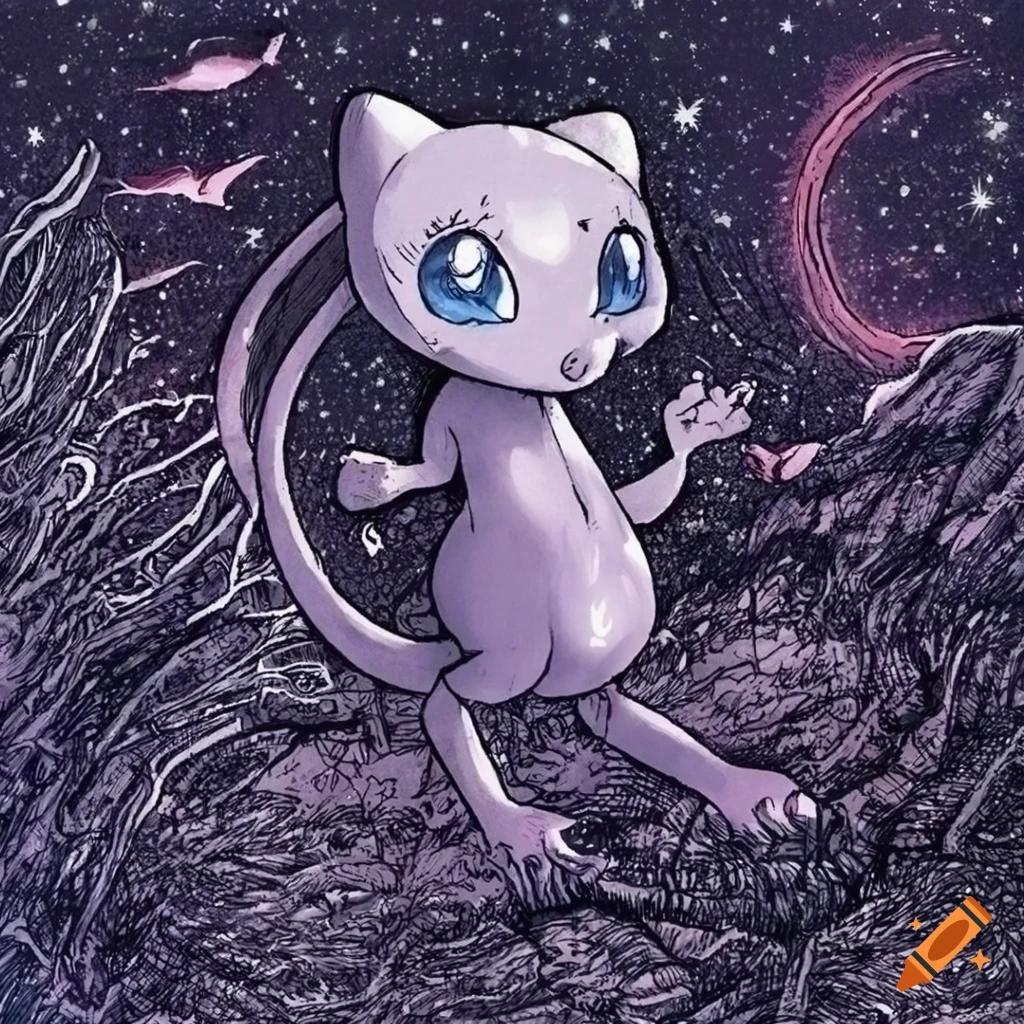 Mew (pokémon) under starry sky by junji ito, ink drawing on Craiyon