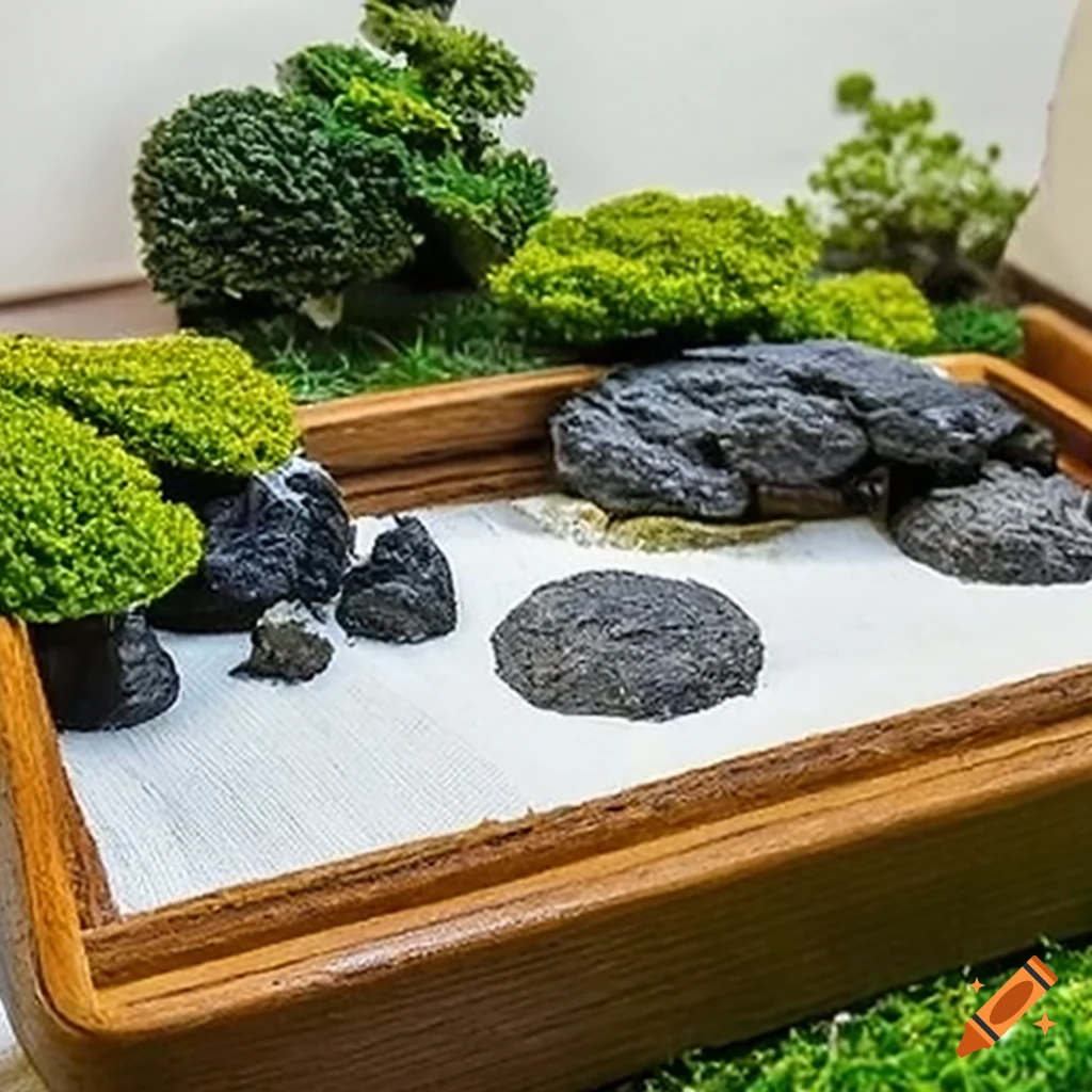 Miniature japanese zen garden in a diorama on Craiyon