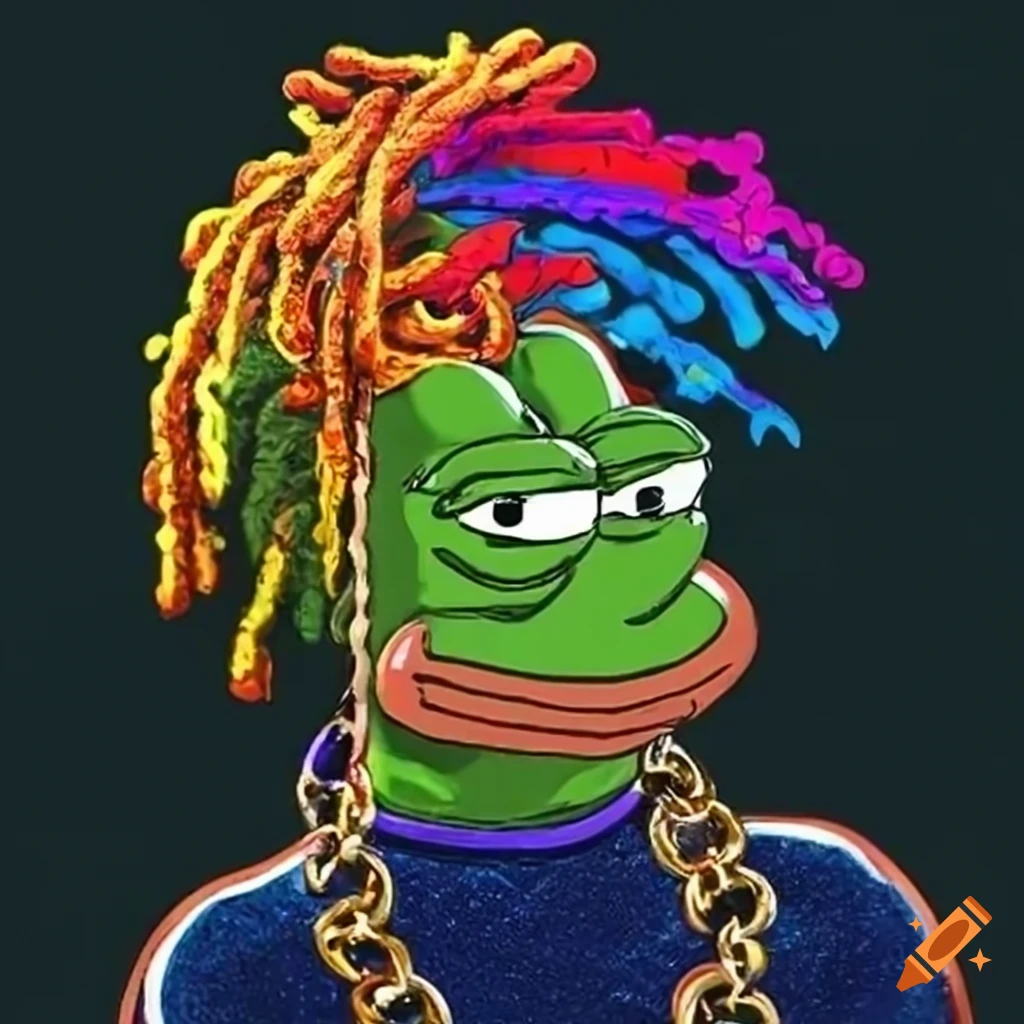 Pepe the frog with colorful dreadlocks, gold chain, and grill on Craiyon