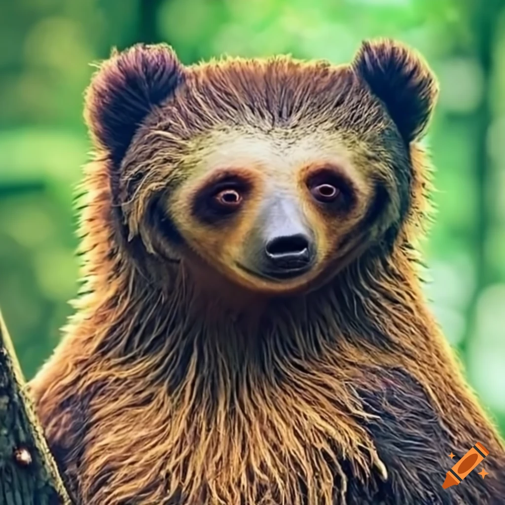 Unique sloth-like bear snoozing in the forest on Craiyon