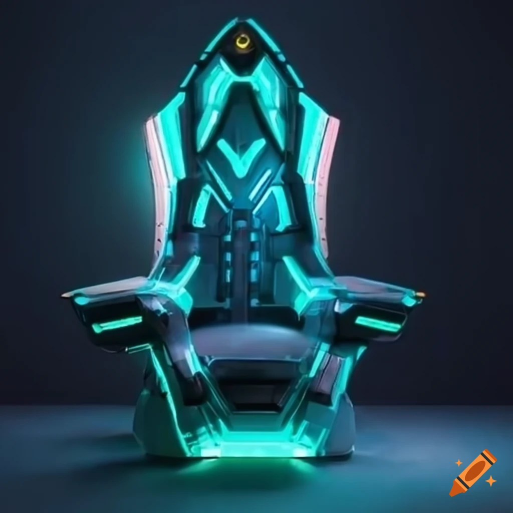 Intricately designed spaceship captain's chair with glowing control ...