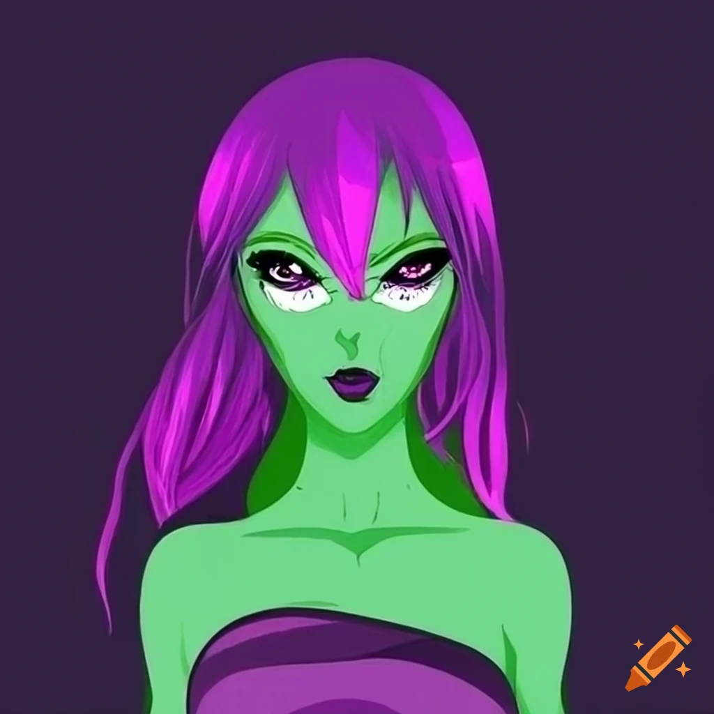 Beautiful green female alien with purple hair on Craiyon