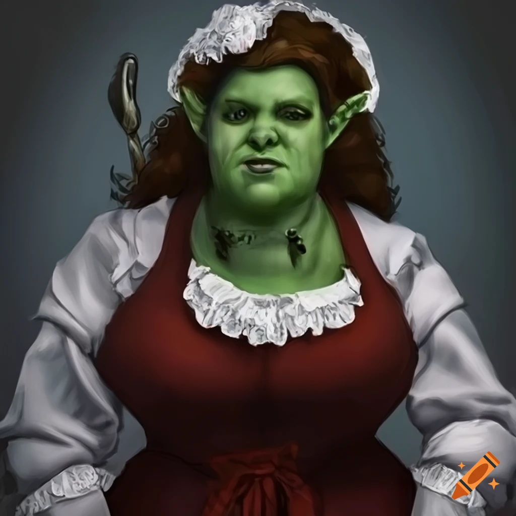 Stern looking female half-orc in Edwardian maid attire on Craiyon