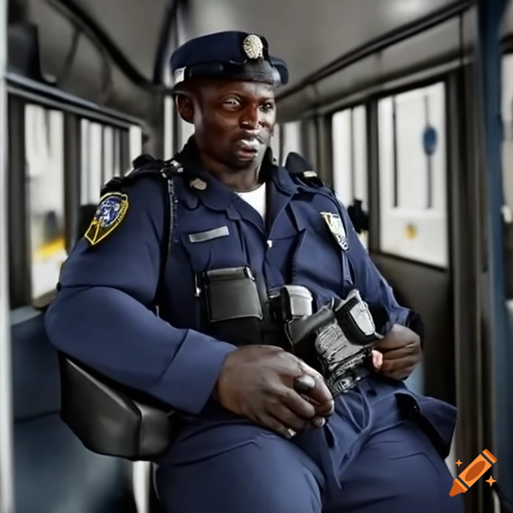 Terry crews dressed as a police officer sitting in a bus on Craiyon