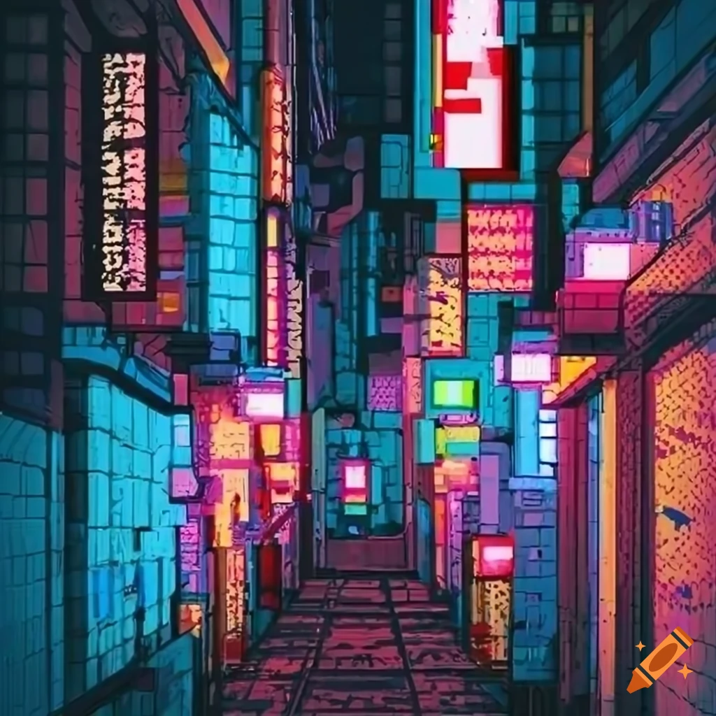 Pixel art of neon-lit tokyo alley at night on Craiyon