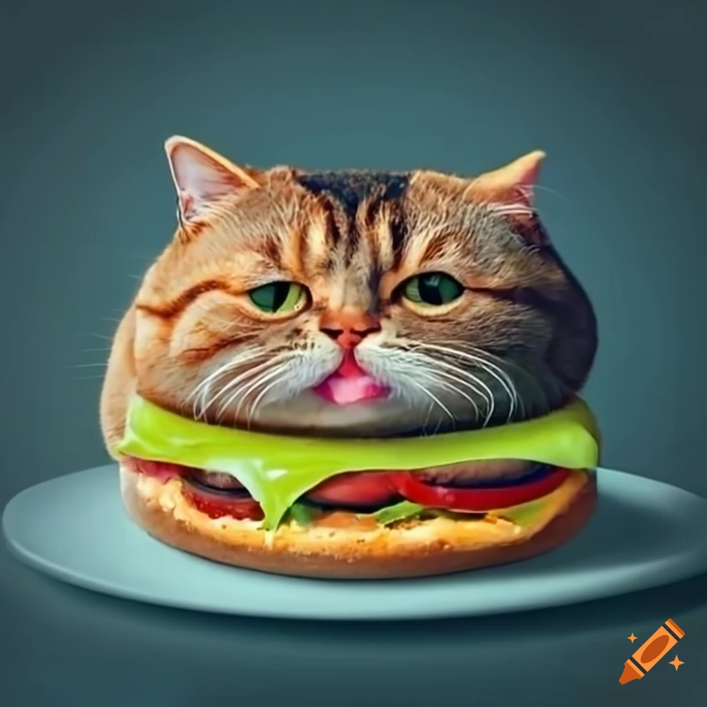 Chubby cat enjoying a cheeseburger on Craiyon