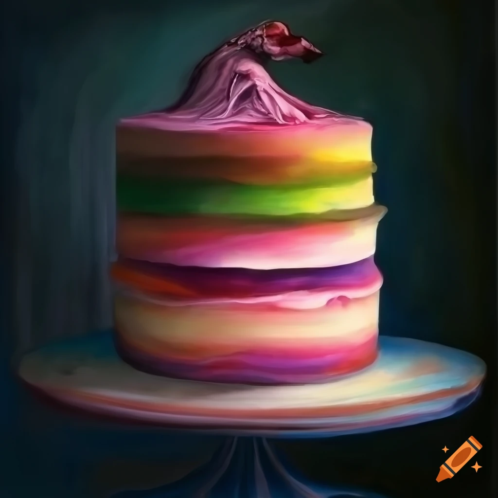 Surrealist painting of a multi-layered, fractured cake on Craiyon