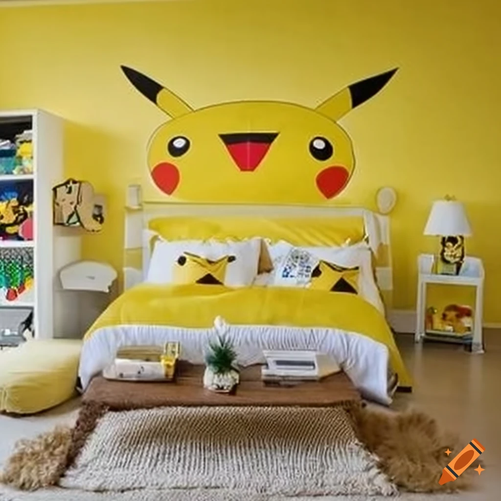 Pikachu-themed bedroom with yellow walls and Pikachu-style bed on Craiyon