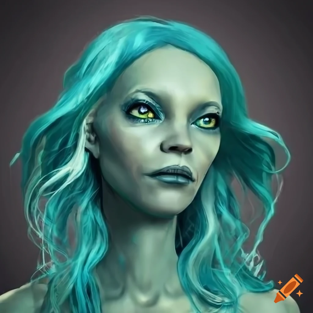 Teal-haired jade-skinned alien woman sitting in an outdoor cafe on Craiyon