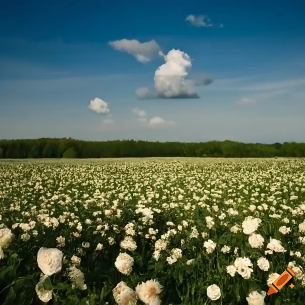 Flat meadow with densely packed white rose bushes on Craiyon