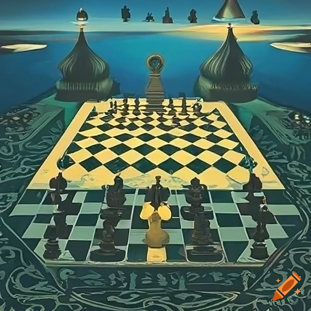 Surreal digital artwork of a simulation world with chessboard floor and ...