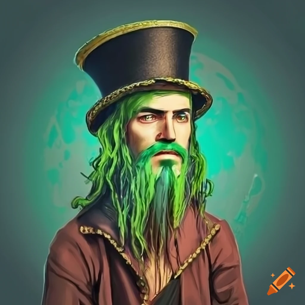 Handsome man with green top hat steering an ancient pirate ship on Craiyon