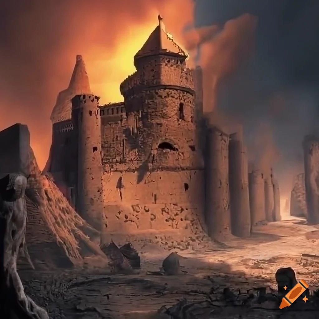 Fantasy fortress with damage and inscription 'reaper fortress' on Craiyon