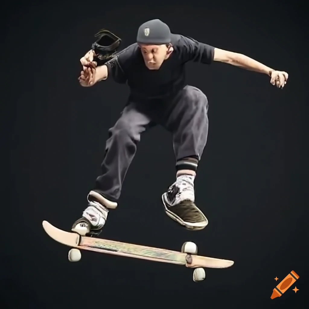 Professional skateboarder executing a kickflip on Craiyon