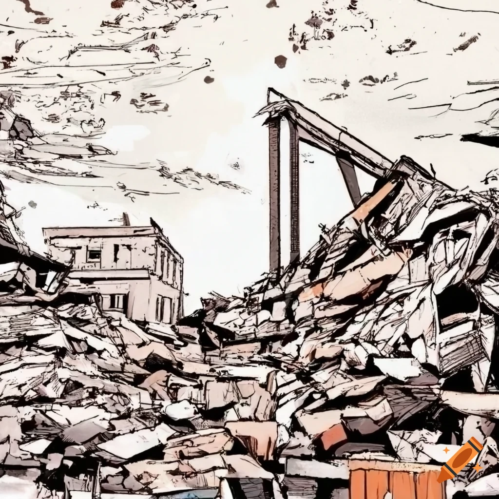 Landfill with construction debris in manga pen and ink style on Craiyon
